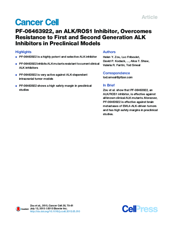 (PDF) PF-06463922, an ALK/ROS1 Inhibitor, Overcomes Resistance to First ...