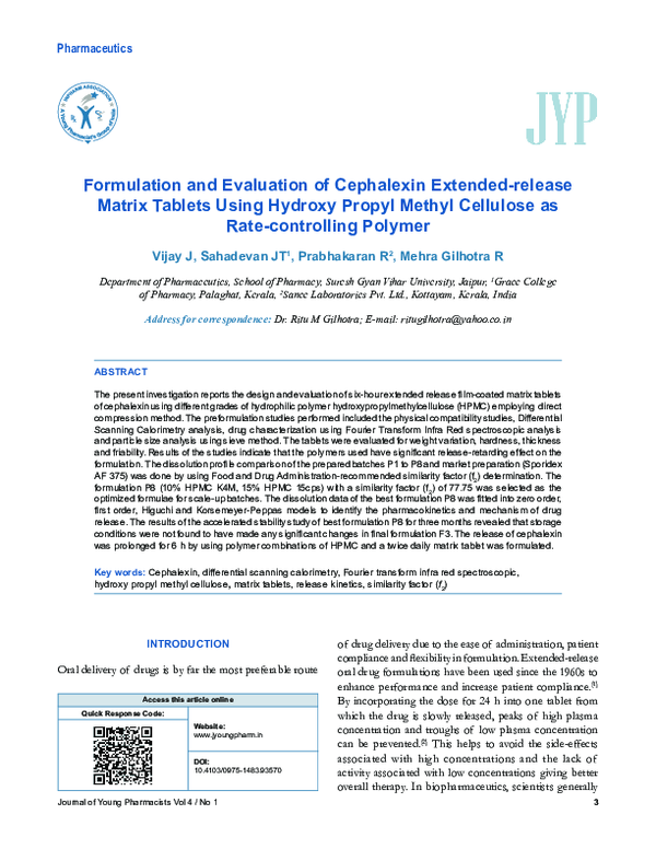 Pdf Formulation And Evaluation Of Cephalexin Extended Release Tablet
