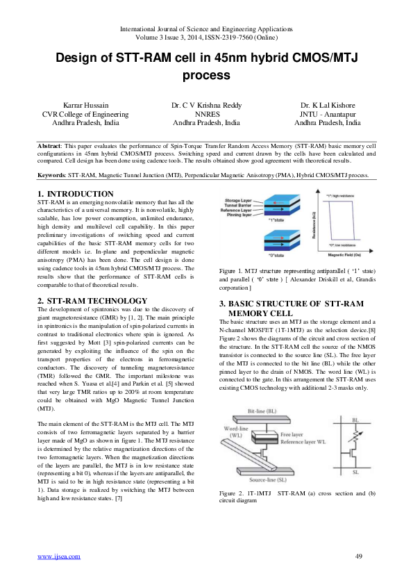 (PDF) Design of STT-RAM cell in 45nm hybrid CMOS/MTJ process