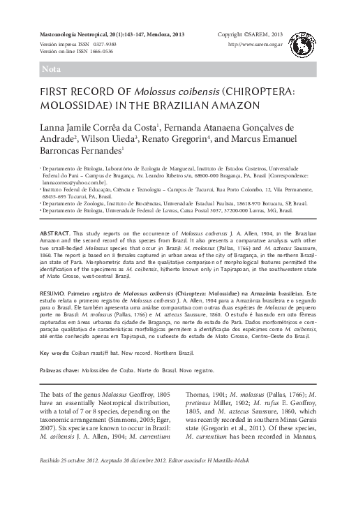 (PDF) First record of Molossus coibensis (Chiroptera: Molossidae) in ...