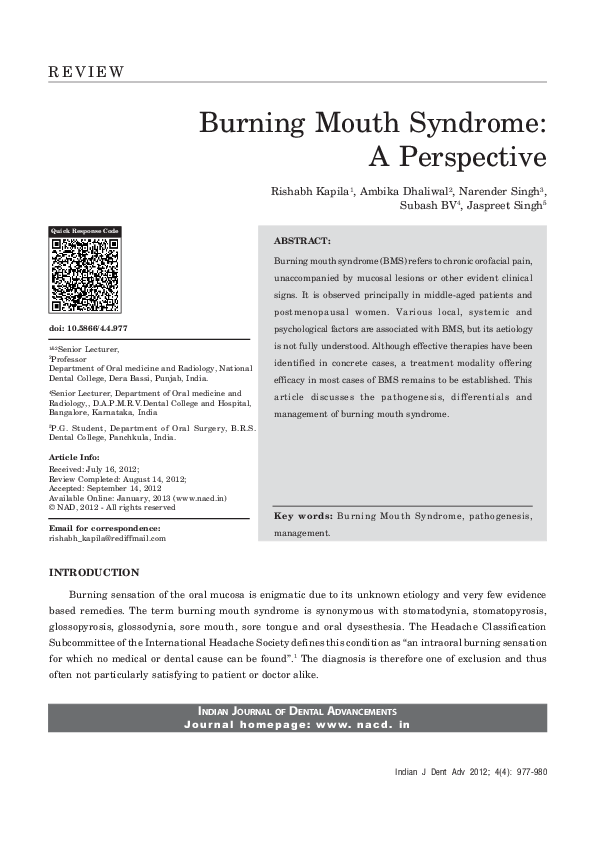 (PDF) Burning Mouth Syndrome : A Perspective
