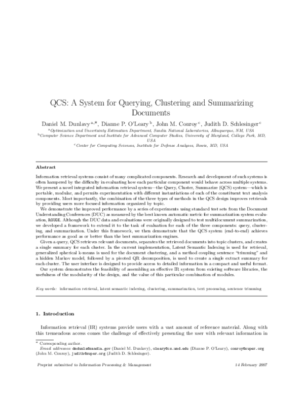 Pdf Qcs A System For Querying Clustering And Summarizing Documents Judith Schlesinger