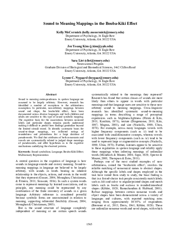 (PDF) Sound to Meaning Mappings in the Bouba-Kiki Effect