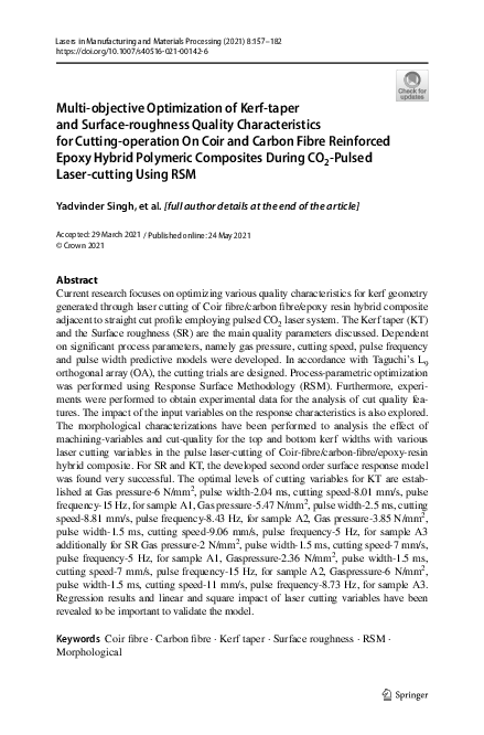 Pdf Multi Objective Optimization Of Kerf Taper And Surface Roughness Quality Characteristics