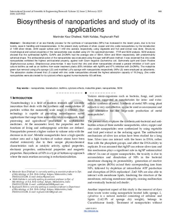 (PDF) Biosynthesis of nanoparticles and study of its applications