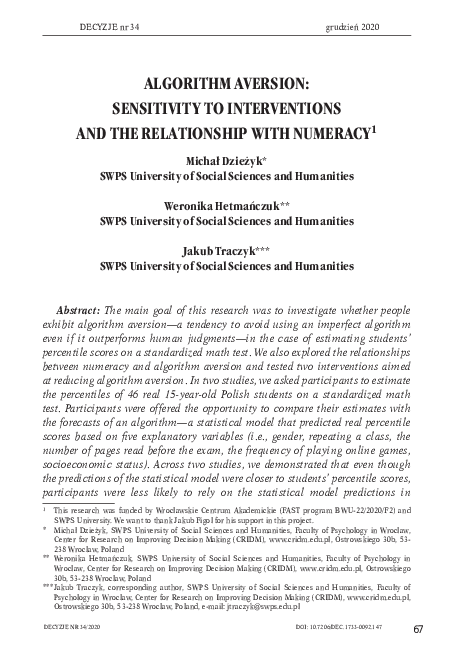 Pdf Algorithm Aversion Sensitivity To Interventions And The Relationship With Numeracy1 1873