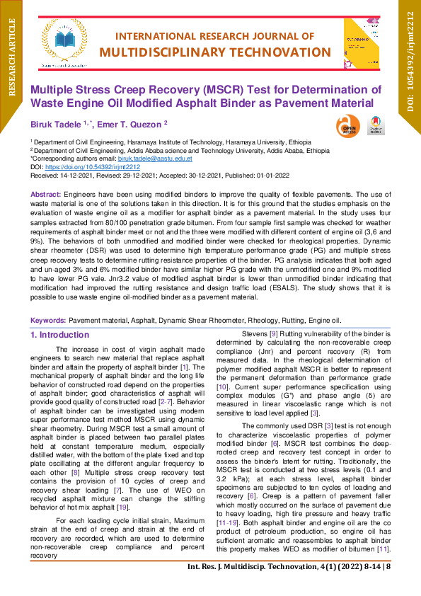 (PDF) Multiple Stress Creep Recovery (MSCR) Test for Determination of ...