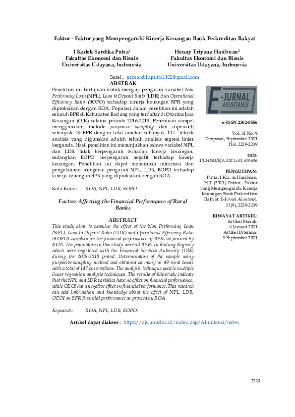 (PDF) Faktor-Faktor Yang Mempengaruhi Kinerja Keuangan Pada Sektor Perbankan Yang Terdaftar DI ...