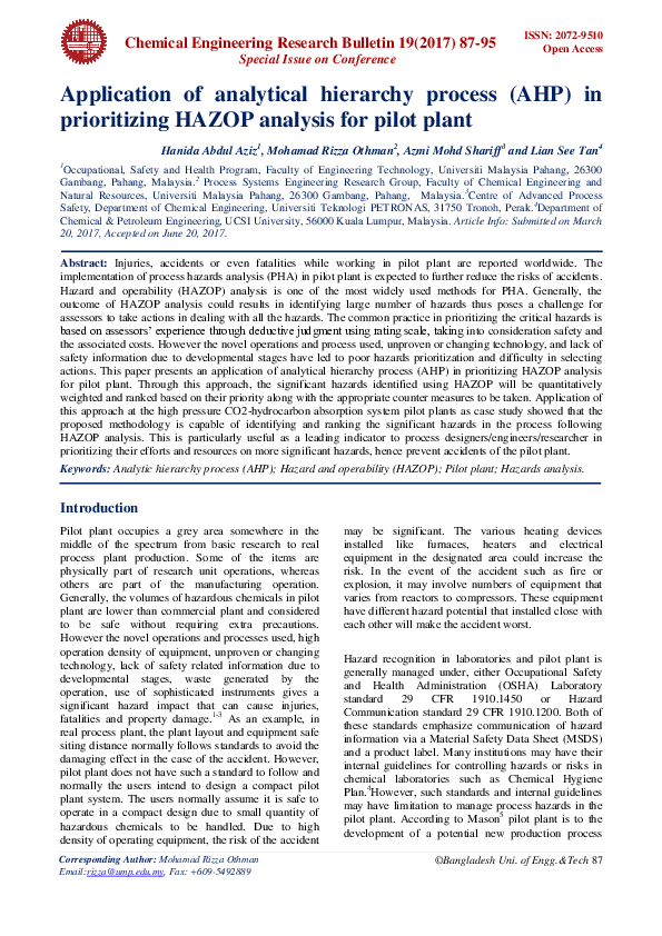 (PDF) Application of Analytical Hierarchy Process (AHP) in Prioritizing HAZOP Analysis for Pilot ...