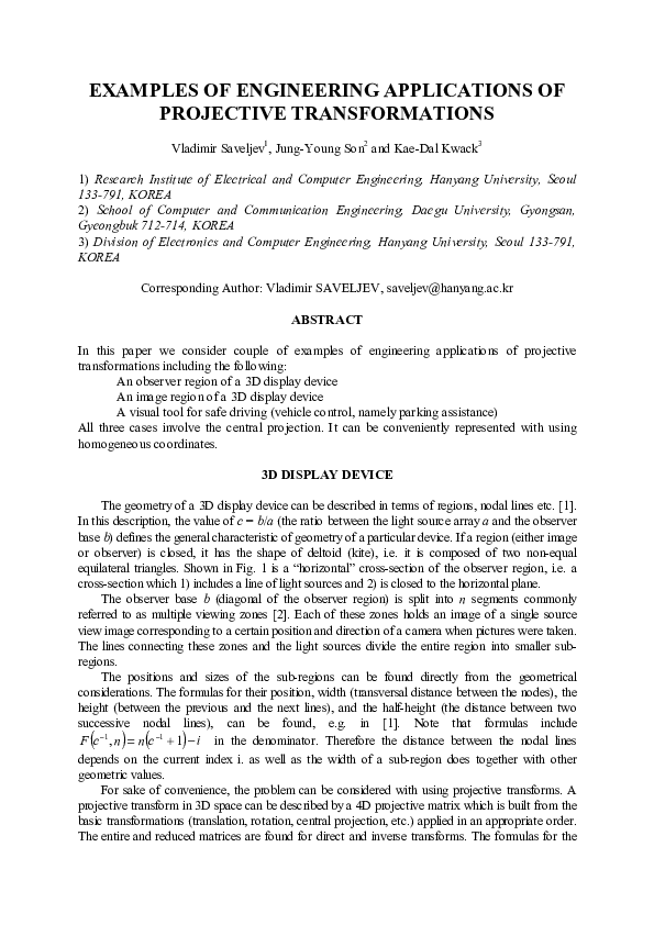(PDF) Examples of Engineering Applications of Projective Transformations