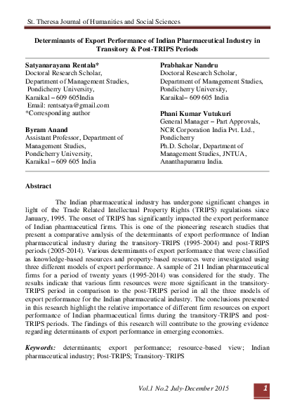 (PDF) Determinants of Export Performance of Indian Pharmaceutical ...