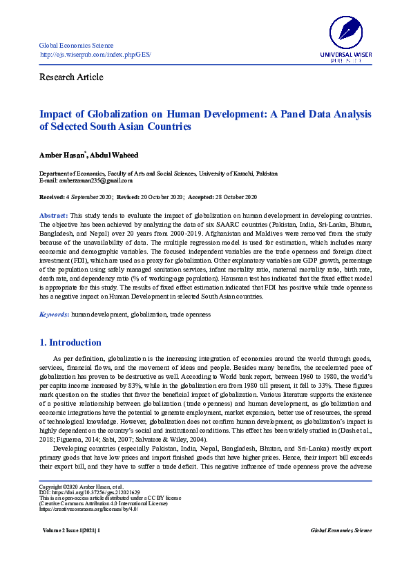 (PDF) Impact of Globalization on Human Development: A Panel Data ...