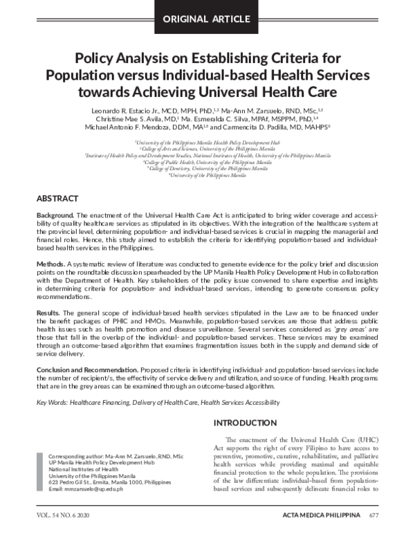 (PDF) Policy Analysis on Establishing Criteria for Population versus ...