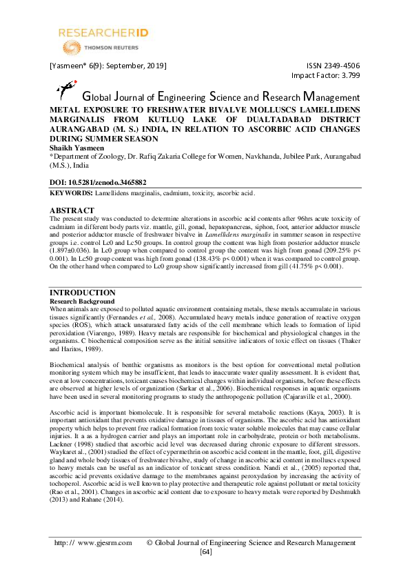 (PDF) Metal Exposure to Freshwater Bivalve Molluscs Lamellidens ...