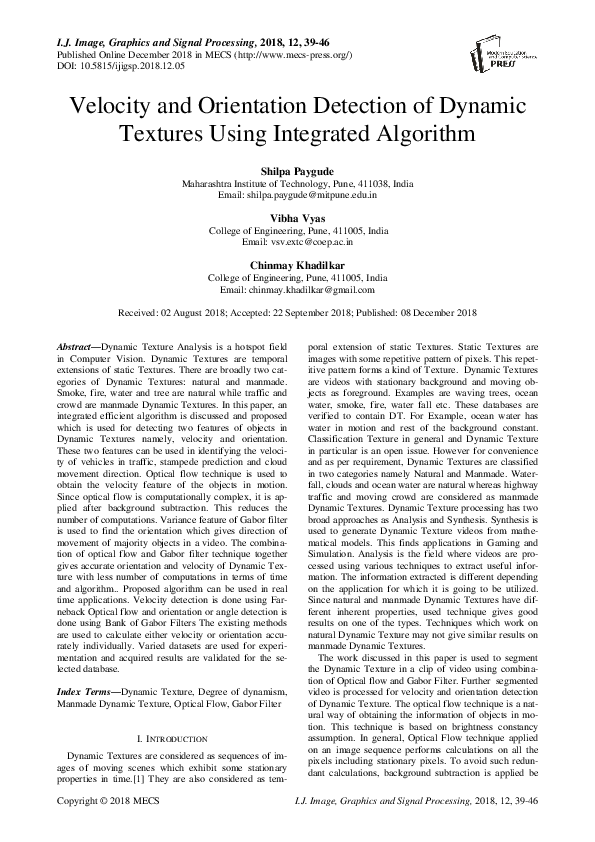 Pdf Velocity And Orientation Detection Of Dynamic Textures Using Integrated Algorithm Shilpa