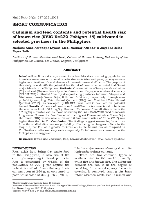 (PDF) Cadmium and lead contents and potential health risk of brown rice ...