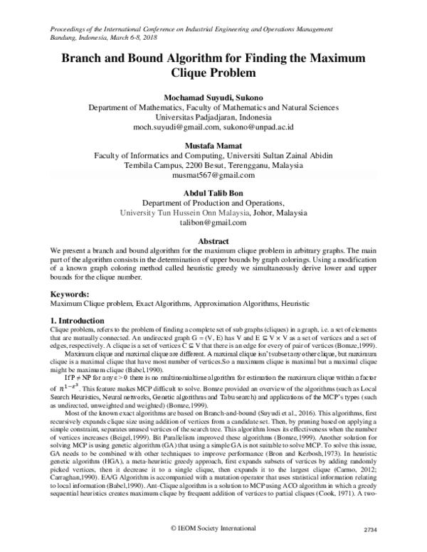 (PDF) Branch and Bound Algorithm for Finding the Maximum Clique Problem