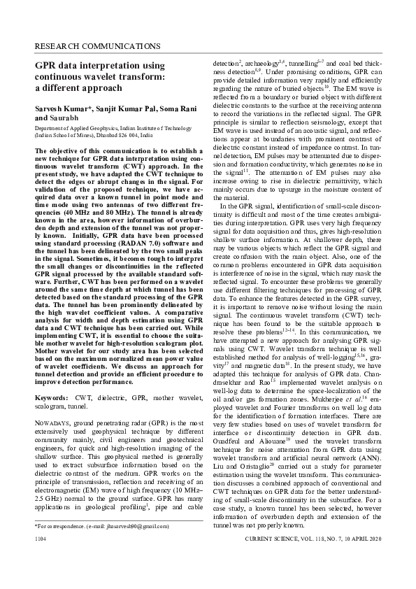 Pdf Gpr Data Interpretation Using Continuous Wavelet Transforma