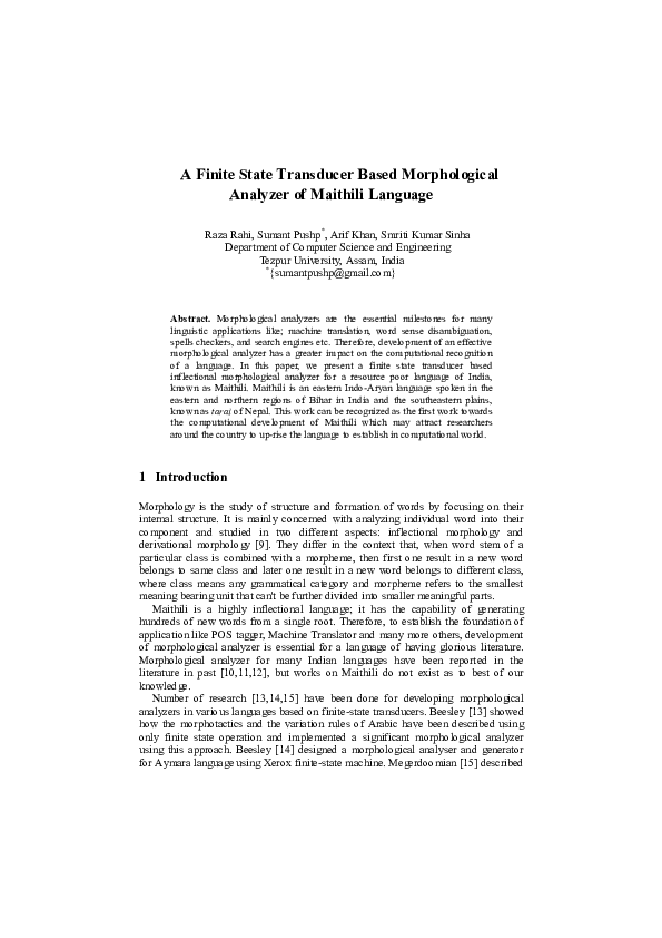 Pdf A Finite State Transducer Based Morphological Analyzer Of Maithili Language