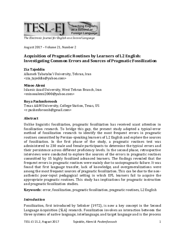 (PDF) Acquisition of Pragmatic Routines by Learners of L2 English: Investigating Common Errors ...