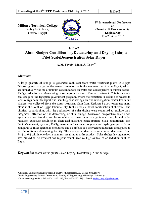 (PDF) Alum Sludge: Conditioning, Dewatering and Drying Using a Pilot ...