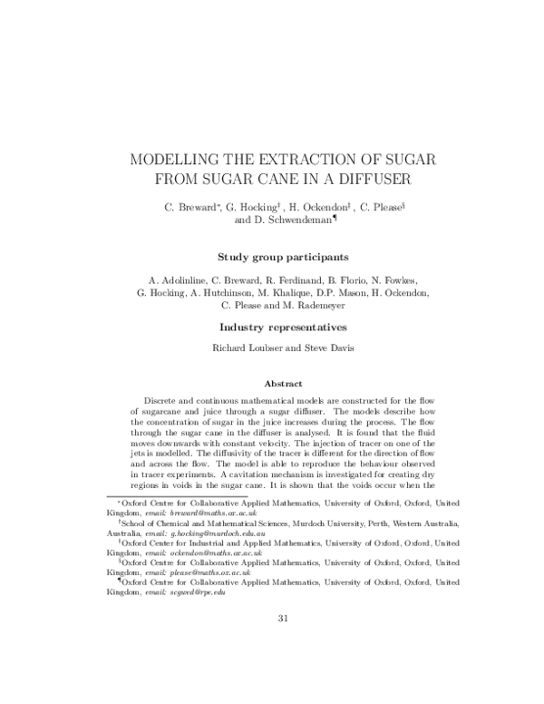 (PDF) Modelling the Extraction of Sugar from Sugar Cane in a Diffuser