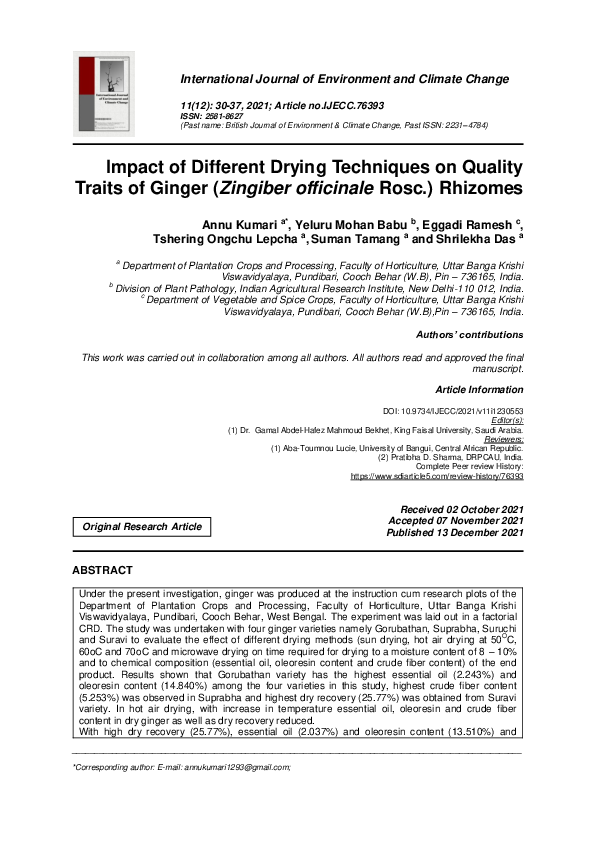 (PDF) Impact of Different Drying Techniques on Quality Traits of Ginger (Zingiber officinale ...