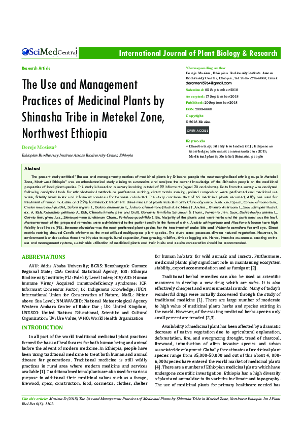 (PDF) The Use and Management Practices of Medicinal Plants by Shinasha ...