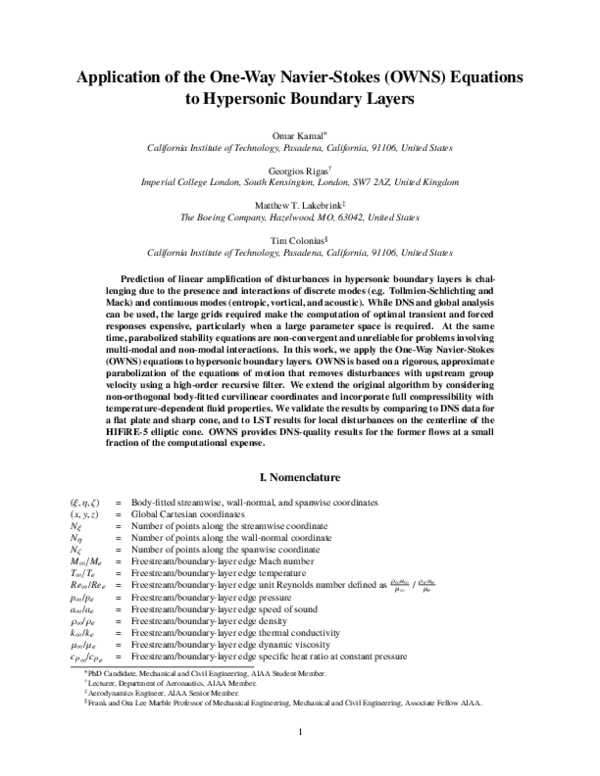 (PDF) Application of the One-Way Navier-Stokes (OWNS) Equations to Hypersonic Boundary Layers