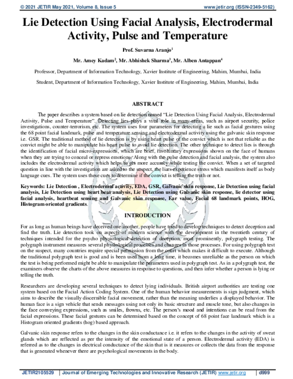 Pdf Lie Detection Using Facial Analysis Electrodermal Activity