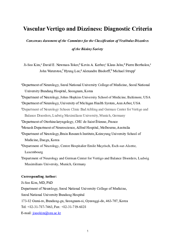 (PDF) Vascular Vertigo and Dizziness: Diagnostic Criteria Consensus ...
