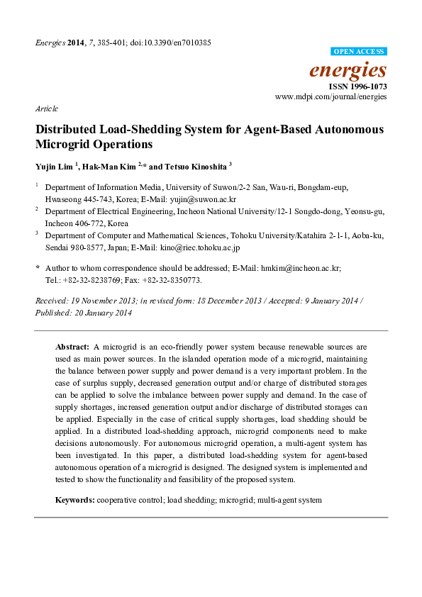 (PDF) Distributed Load-Shedding System for Agent-Based Autonomous Microgrid Operations