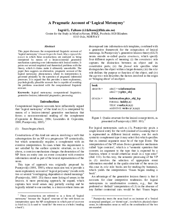 (PDF) A Pragmatic Account of ‘ Logical Metonymy ’ | Ingrid Lossius Falkum - Academia.edu