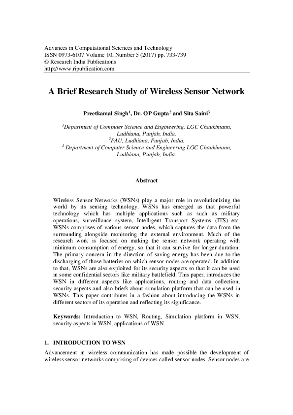 (PDF) A Brief Research Study of Wireless Sensor Network