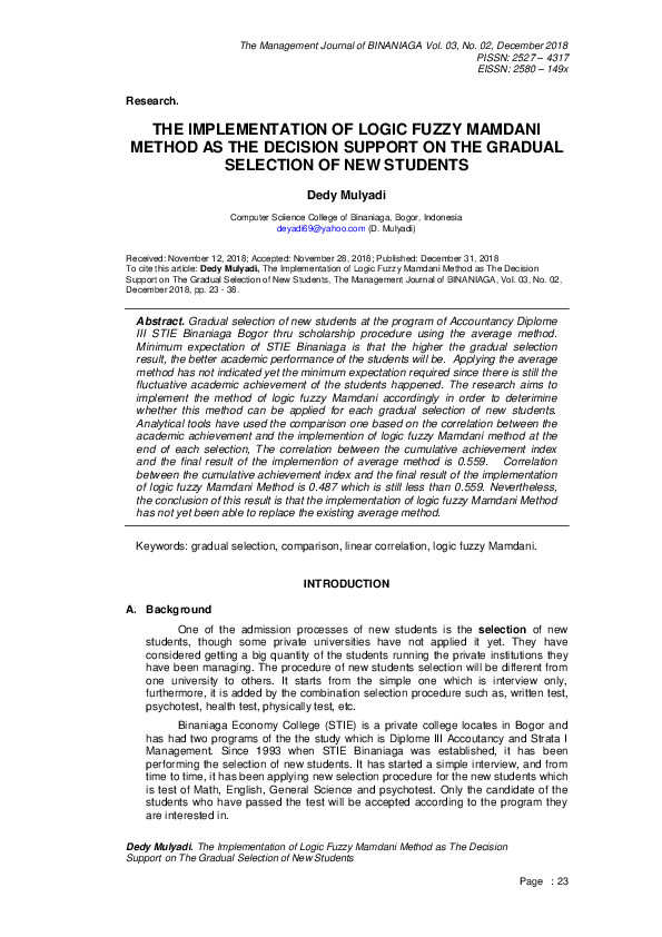 Pdf The Implementation Of Logic Fuzzy Mamdani Method As The Decision Support On The Gradual