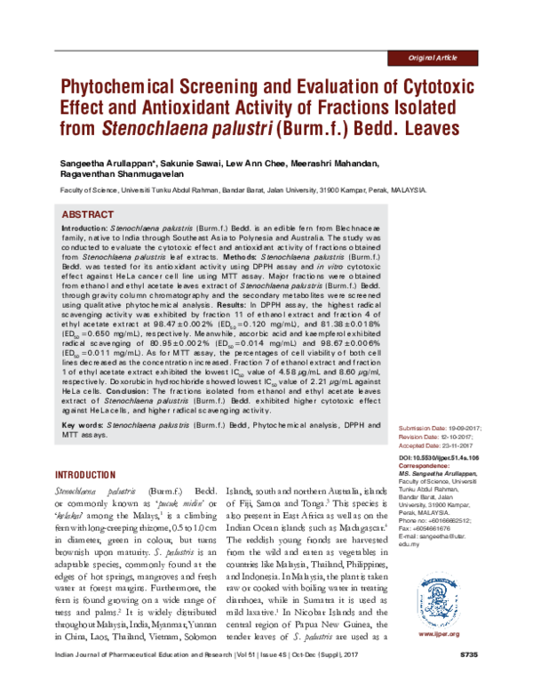 (PDF) Phytochemical Screening and Evaluation of Cytotoxic Effect and Antioxidant Activity of ...