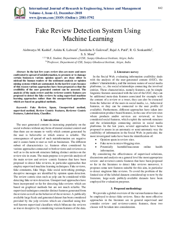 (PDF) Fake Review Detection System Using Machine Learning