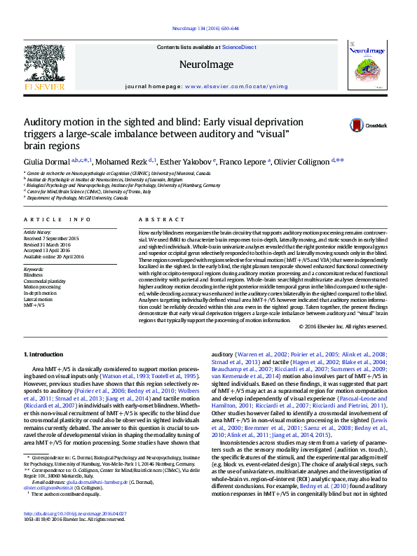 (PDF) Auditory motion in the sighted and blind: Early visual ...