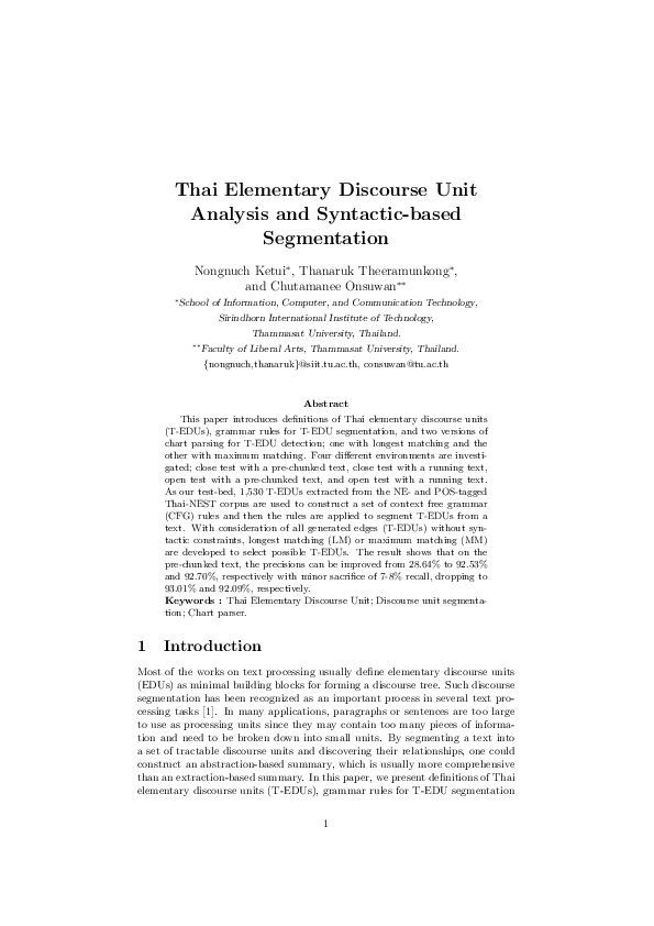Pdf Thai Elementary Discourse Unit Analysis And Syntactic Based