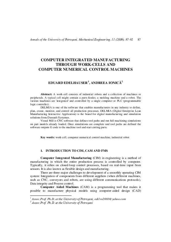 (PDF) Computer Integrated Manufacturing Through Work-Cells and Computer Numerical Control Machines