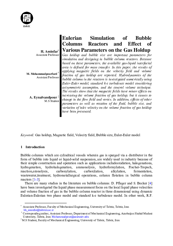 (PDF) Eulerian simulation of bubble columns reactors and effect of various parameters on the gas ...