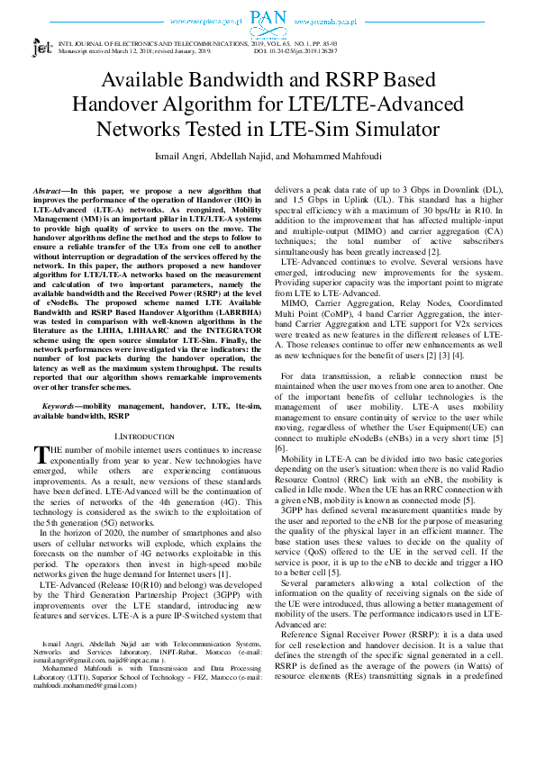 Pdf Available Bandwidth And Rsrp Based Handover Algorithm For Ltelte Advanced Networks Tested