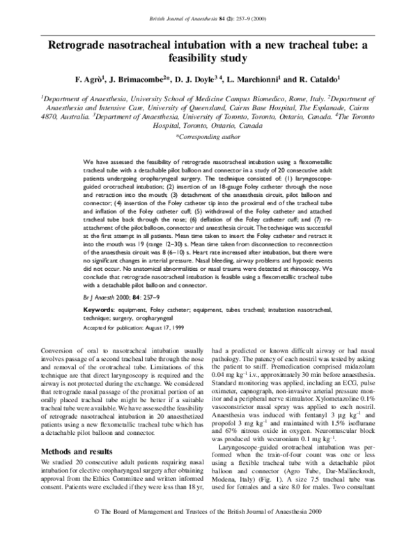 (PDF) Retrograde nasotracheal intubation with a new tracheal tube: a ...