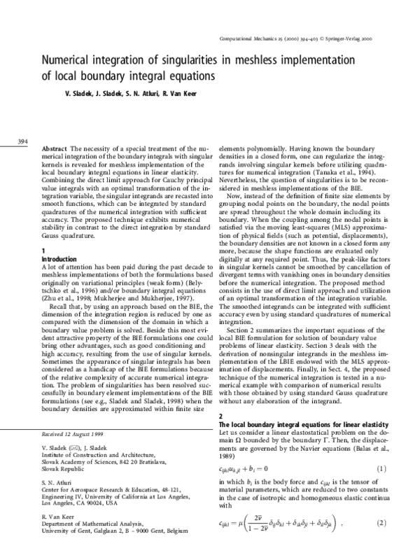 Pdf Numerical Integration Of Singularities In Meshless Implementation Of Local Boundary