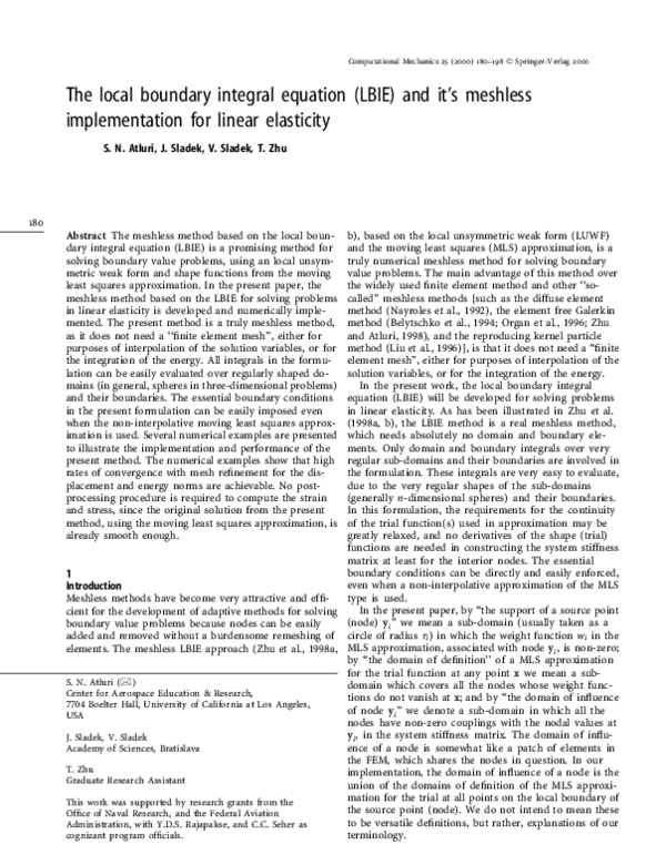 Pdf The Local Boundary Integral Equation Lbie And Its Meshless Implementation For Linear