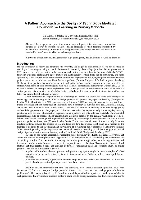 (PDF) A Pattern Approach to the Design of Technology Mediated Collaborative Learning in Primary ...
