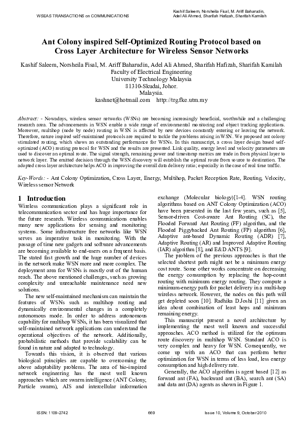 Pdf Ant Colony Inspired Self Optimized Routing Protocol Based On Cross Layer Architecture For