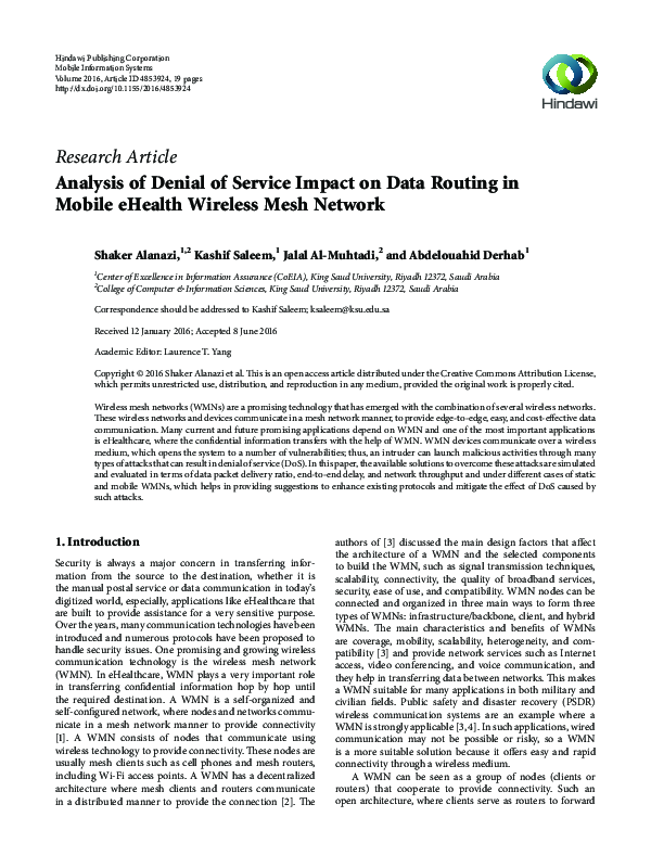 (PDF) Analysis of Denial of Service Impact on Data Routing in Mobile eHealth Wireless Mesh Network