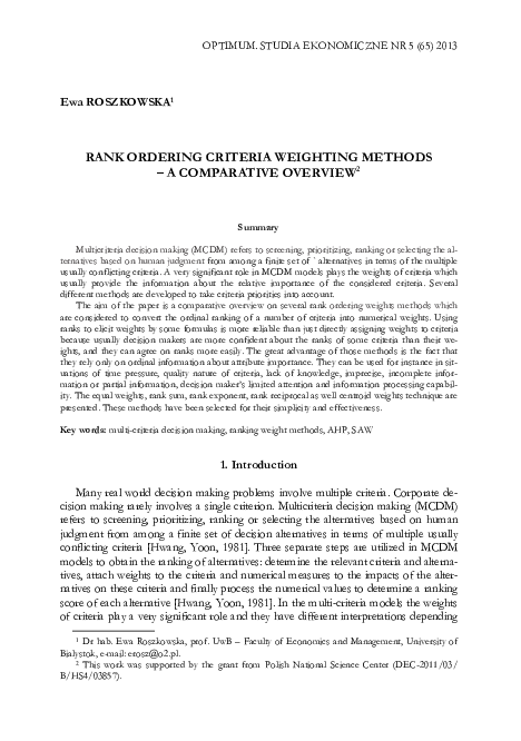 (PDF) Rank Ordering Criteria Weighting Methods – a Comparative Overview