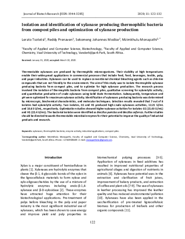 (PDF) Isolation and identification of xylanase producing thermophilic bacteria from compost ...